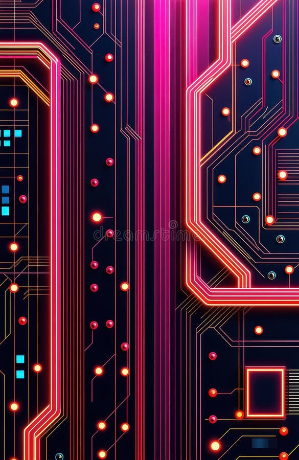 Neon Circuit Board Pattern with Glowing Red and Orange Lines on Black ...
