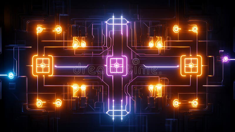 Neon Circuit of Entangled Qubits Each Gate Symbol Glowing Abstract ...