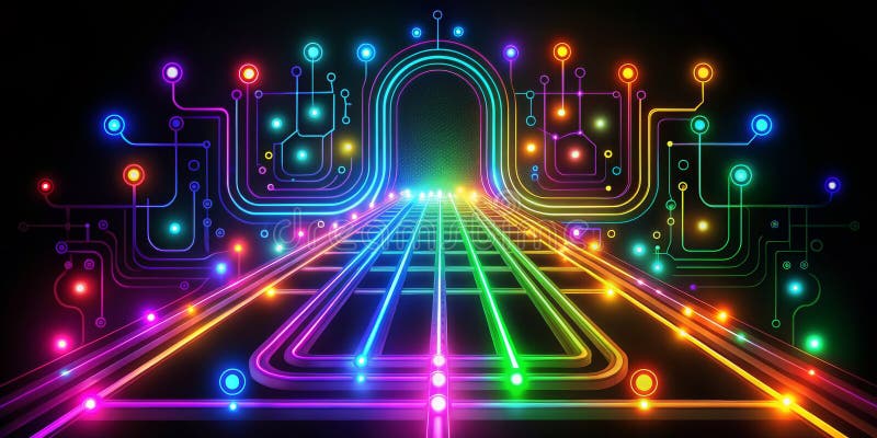 Neon Circuit Path Rainbow Lines, Glowing Nodes, Digital Gateway Stock ...