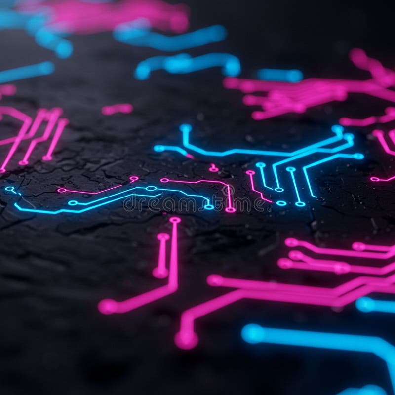 Neon Circuit Patterns in Blue and Pink Appear on a Dark, Textured ...