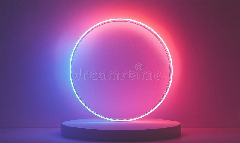 Neon Circular Light Display with Vibrant Pink and Blue Glow on Pedestal ...