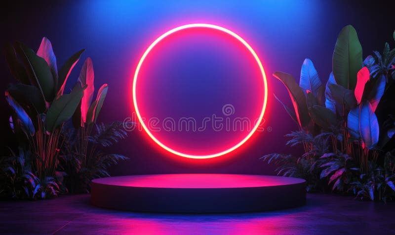 Neon Circular Light Display Vibrant Plants Modern Stage Setting Stock ...