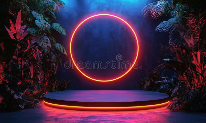 Neon Circular Light Display in Vibrant Tropical Setting with Lush ...