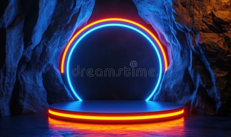 Neon Circular Stage with Blue and Orange Lighting in a Cave Setting ...
