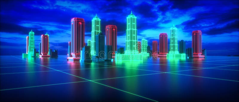 Neon City in the Digital World 3d Rendering Stock Illustration ...