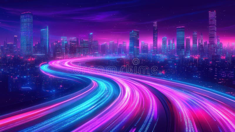 Neon city highway at night stock illustration. Illustration of ...