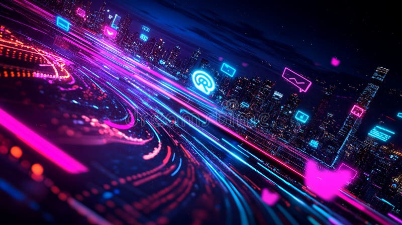 Neon City Lights with Digital Trails Stock Illustration - Illustration ...