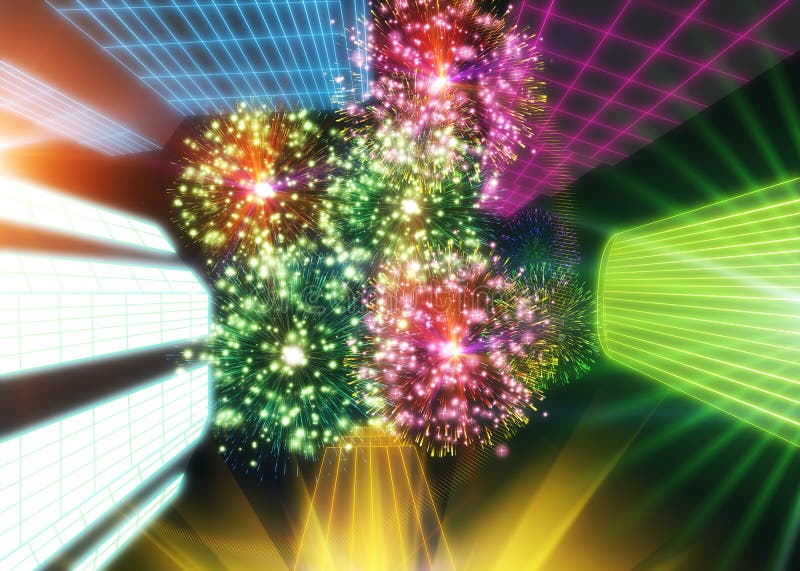 Neon City Lights and Fireworks Stock Illustration - Illustration of ...