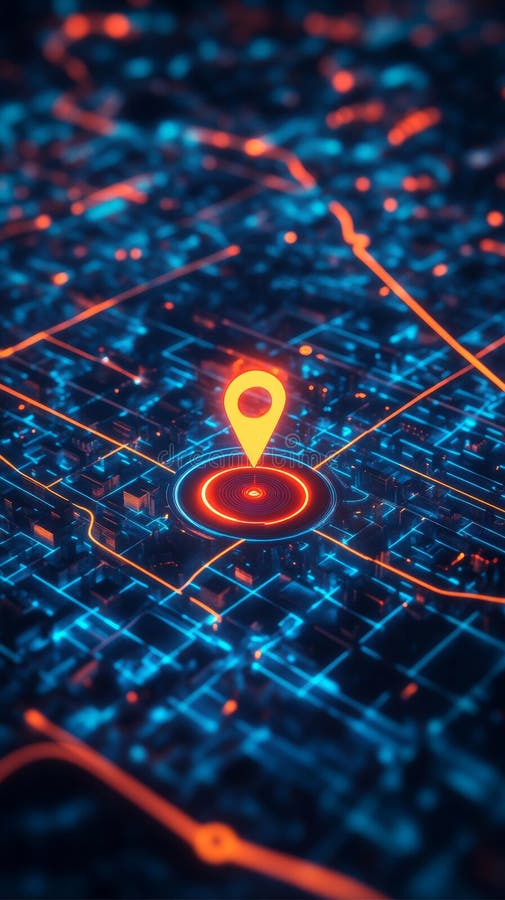 Neon City Map with Glowing Location Pin, Futuristic Navigation Concept ...