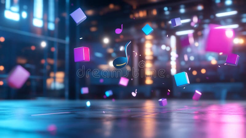 Neon City Music Notes and Cubes Falling Stock Illustration ...