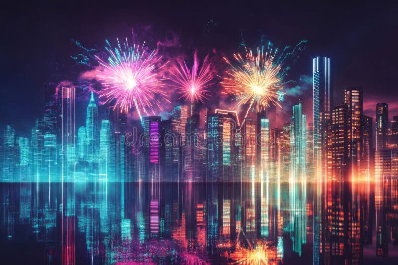 Neon City Skyline with Fireworks Reflected in Water Stock Illustration ...