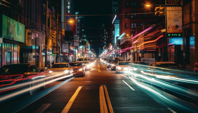 Neon City Skyline Glows with Vibrant Motion and Crowded Traffic ...