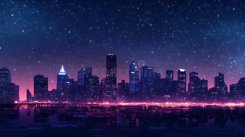 Neon City Skyline at Night Reflecting Stars in the Water Stock Photo ...