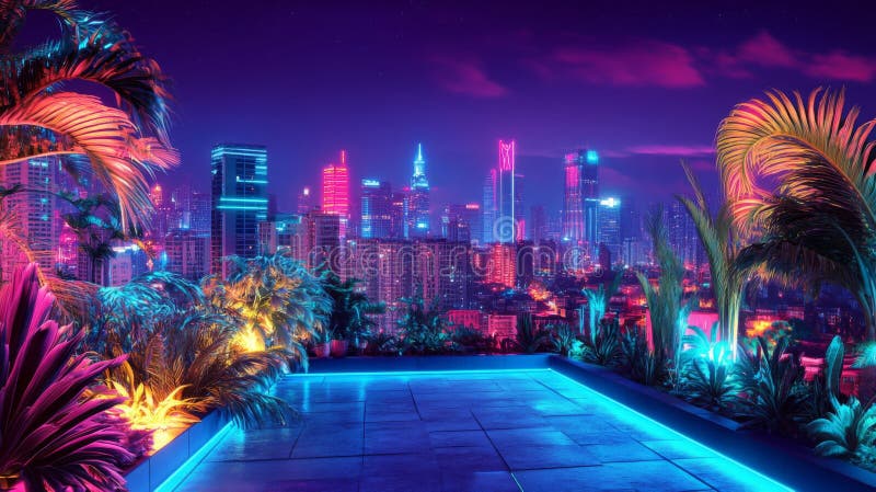 Neon City Skyline Rooftop Pool at Night Stock Illustration ...