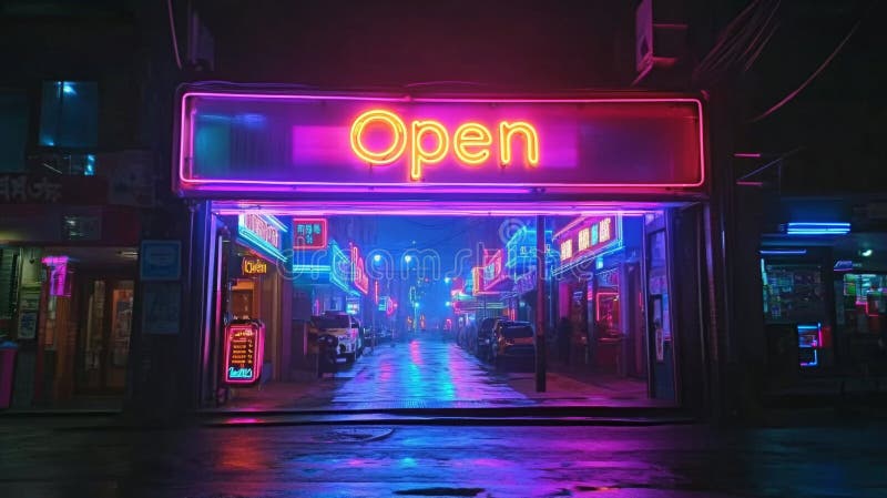 Neon City Street at Night with Open Sign Stock Illustration ...