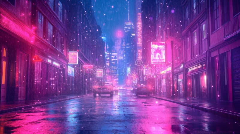 Neon City Street in the Rain with Snow Falling Stock Illustration ...