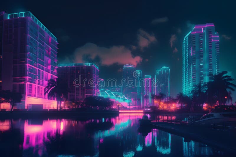 Neon City Synthwave Retrowave Style. Neural Network AI Generated Stock ...