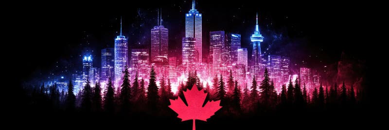 Neon Cityscape with Canadian Maple Leaf and Vibrant Urban Skyline Stock ...