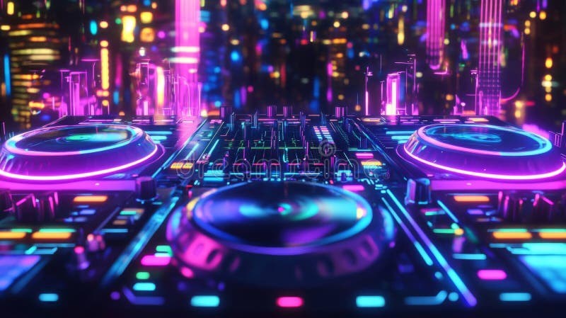 Neon Cityscape DJ Turntable with Purple and Blue Lights Stock ...