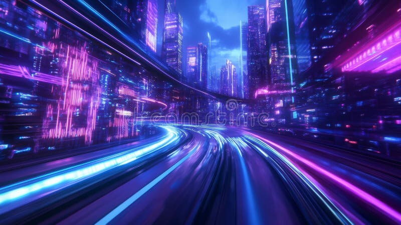 Neon Cityscape with Fast-Moving Lights and a Curved Road Stock ...