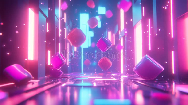 Neon Cityscape with Floating Cubes Stock Illustration - Illustration of ...