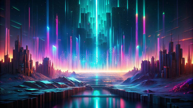 Neon Cityscape with Glowing Lights and a Futuristic River Stock ...