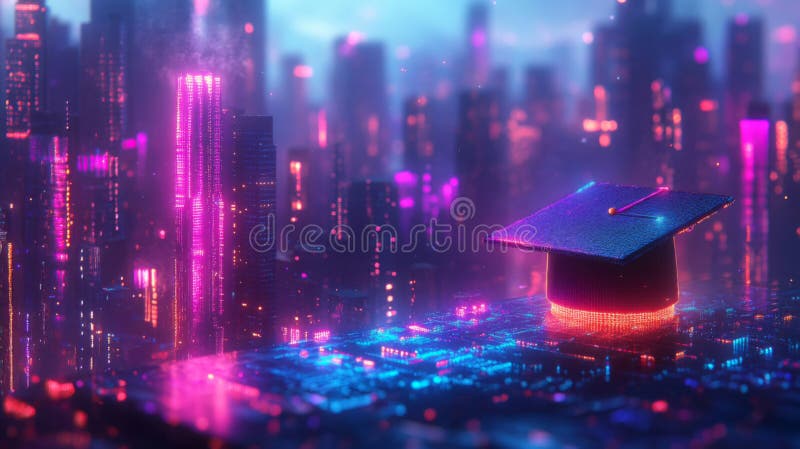 Neon Cityscape Graduation Cap Digital Future Education Stock ...