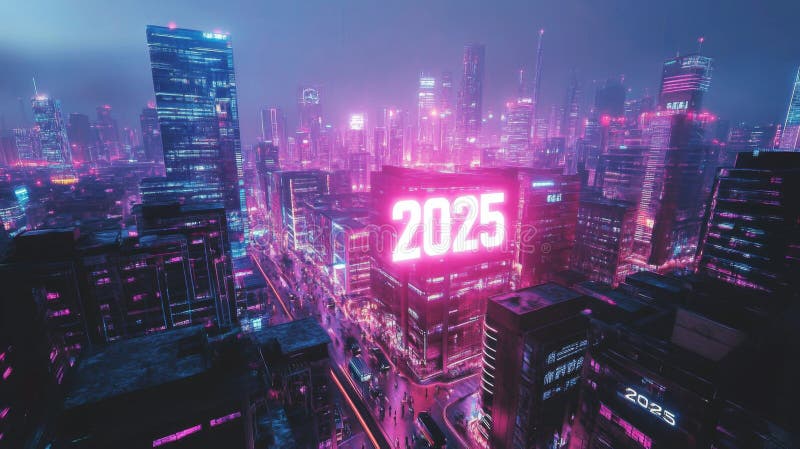 Neon Cityscape Illuminates Two Thousand Twenty Five Stock Illustration ...