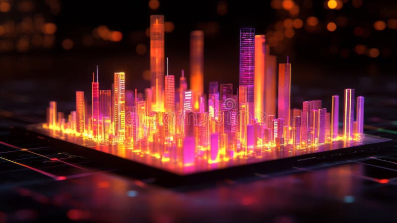 Neon Cityscape on Microchip Circuit Board Stock Illustration ...