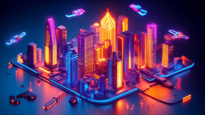Neon Cityscape at Night Futuristic 80s Retro Synthwave Design Stock ...