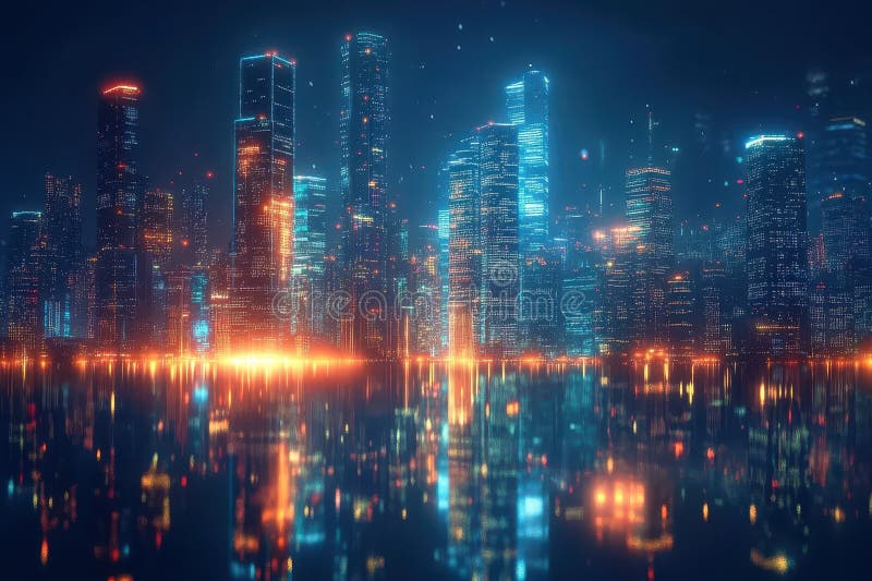 Neon Cityscape Night Reflection Modern Architecture Urban Scene Stock ...