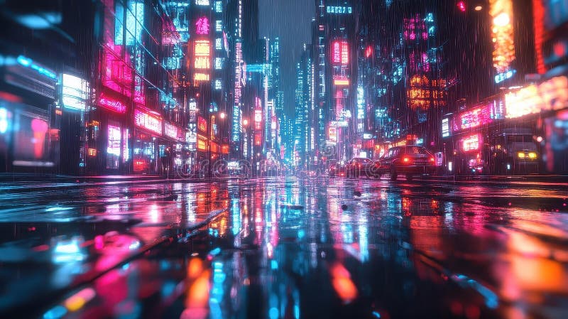 Neon Cityscape Raining Night a Cyberpunk Dream, Reflecting Lights and ...