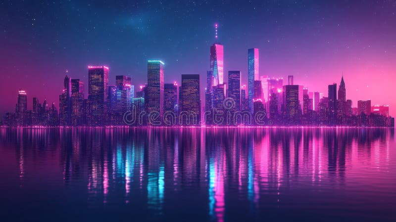 Neon Cityscape Reflection at Night Stock Illustration - Illustration of ...