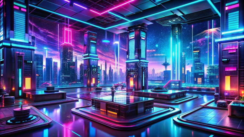 Neon Cityscape Rooftop Terrace Stock Illustration - Illustration of ...