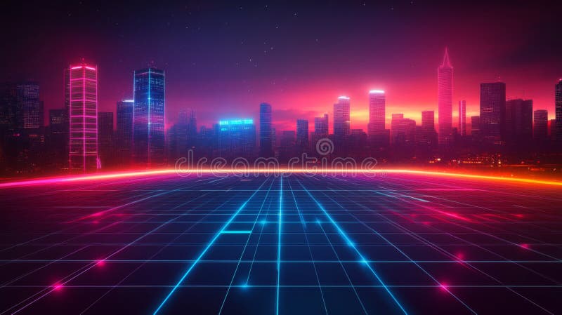 Neon Cityscape Skyline Glowing Gridded Highway Stock Illustration ...