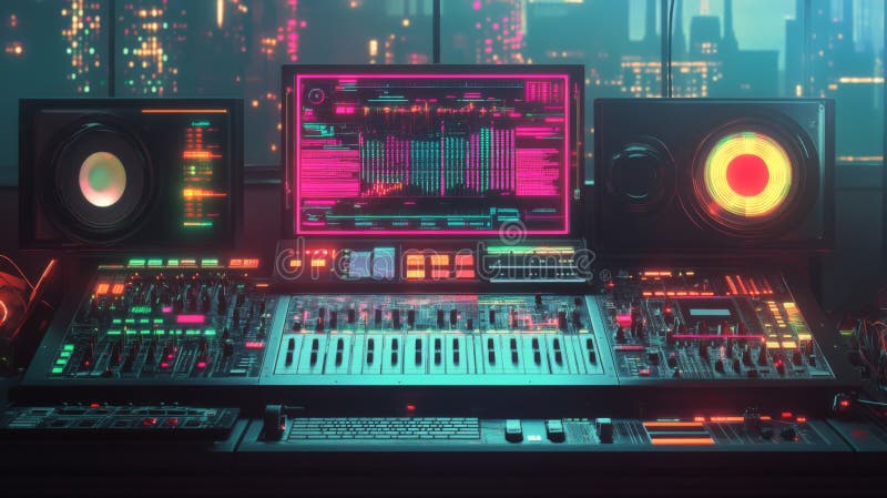 Neon Cityscape Studio Music Production Console Stock Illustration ...