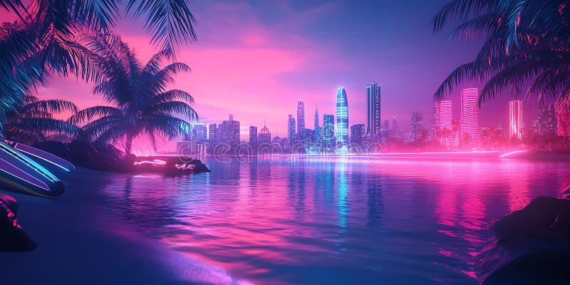 Neon Cityscape at Sunset a Dreamy Pink and Purple Artwork Stock ...