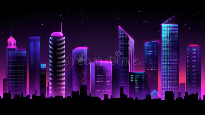 Neon Cityscape a Synthwave Dream in Purple and Blue Stock Image - Image ...