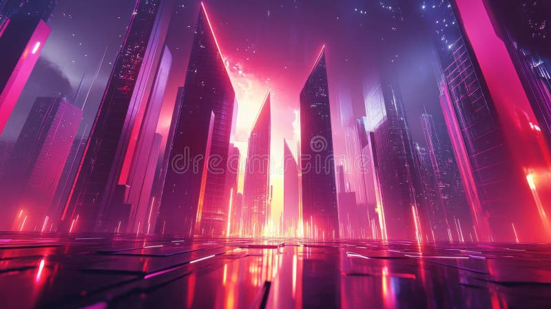 Neon Cityscape with Tall Buildings and Reflective Ground Stock ...