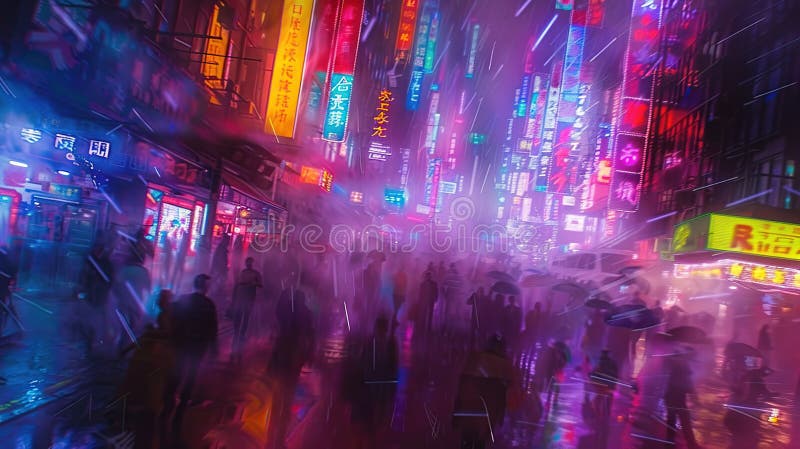 Neon Cityscape Under Rain stock illustration. Illustration of glowing ...