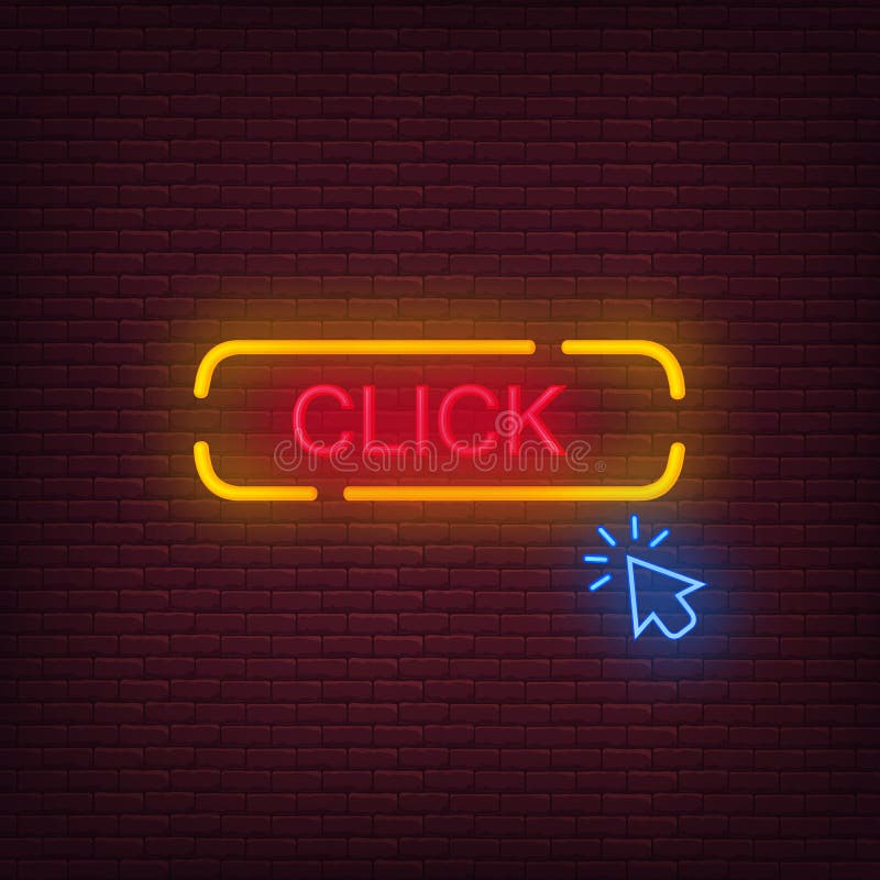 Click Button with Hand Pointer Clicking. Neon Icon Stock Vector ...