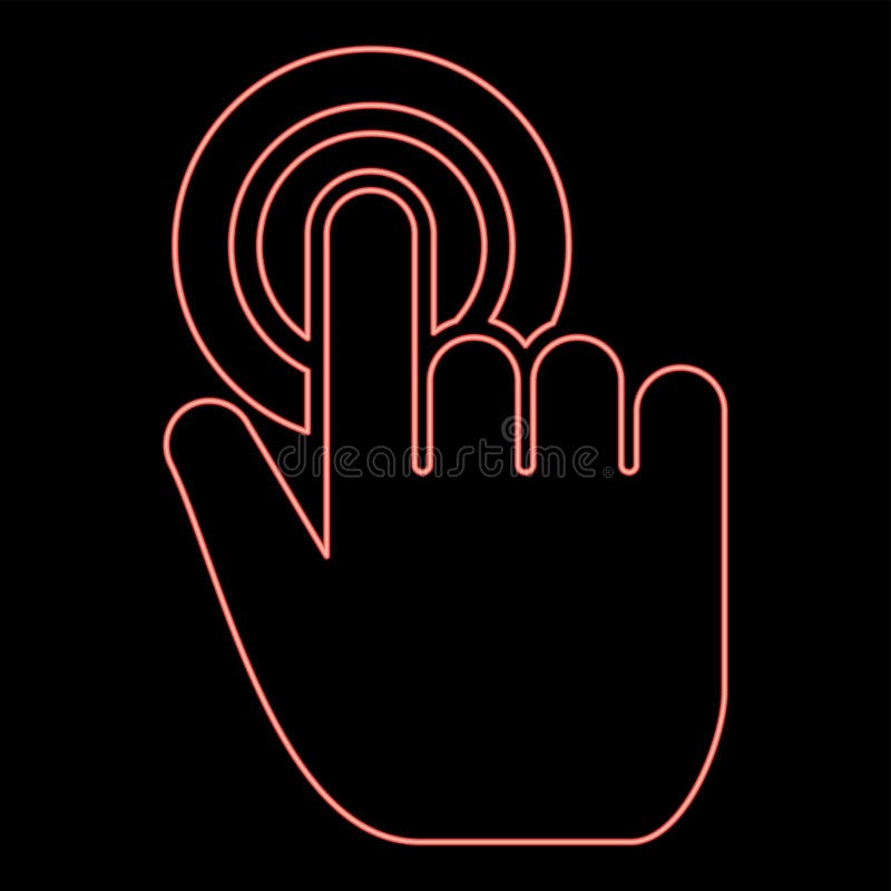 Neon Click on Button Hand Cursor Touch Screen Red Color Vector ...