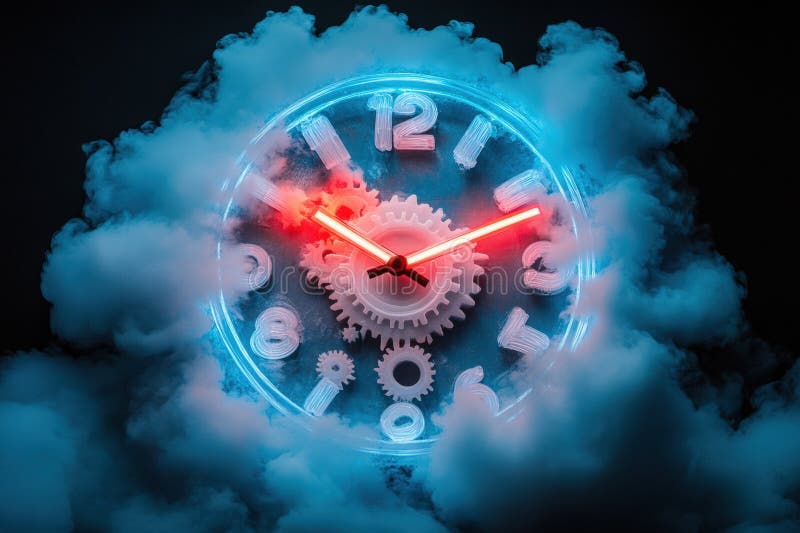 Neon Clock with Glowing Gears and Vibrant Red Hands, Surrounded by ...