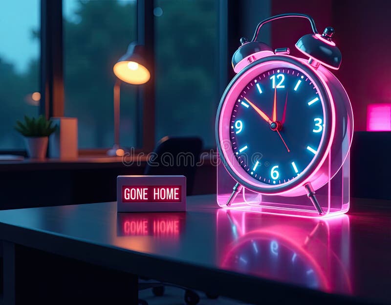 Neon Clock and "Gone Home" Sign End of Workday Concept Stock ...