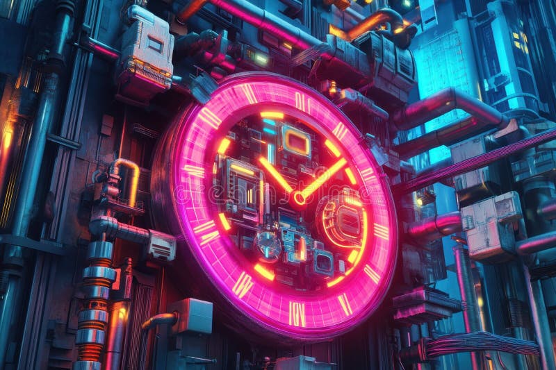 A Neon Clock with Roman Numerals on a Wall Stock Illustration ...