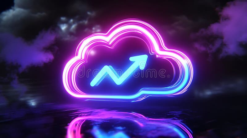 Neon Cloud with Arrow and Growth Graph Illuminated in Darkness Stock ...