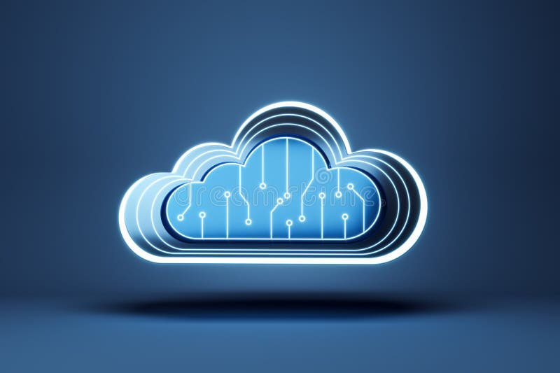 Neon Cloud Computing Icon on Blue Background. 3D Rendering Stock ...