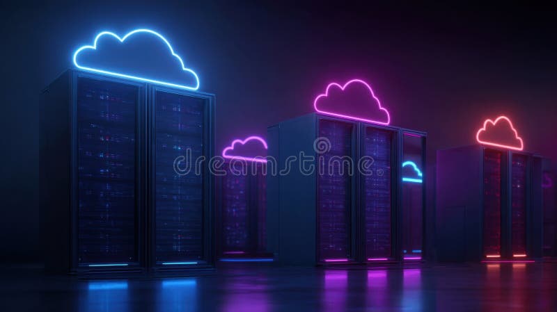 Neon Cloud Computing Servers, a Futuristic Data Center with Glowing Racks and Digital Network ...