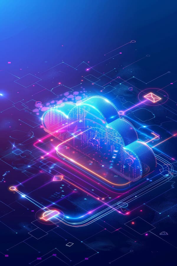 Neon Cloud Computing Technology Background with Glowing Circuit Board ...