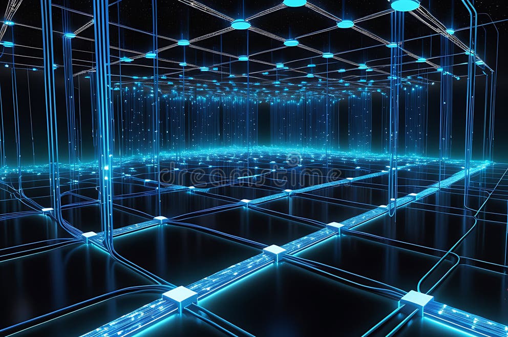 Neon Cloud: Data Packets Glowing with Neon Blue Light Stream Across the ...